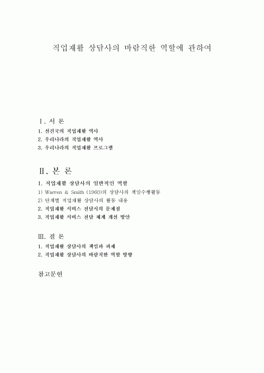[직업재활 상담사의 바람직한 역할]직업재활 역사, 직업재활프로그램, 직업재활 상담사 일반적인 역할, 직업재활서비스전달체계, 직업재활 상담사의 책임과 과제, 직업재활 상담사의 바람직한 역할 방향 분석