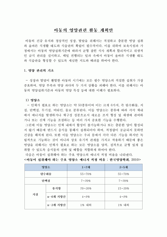 아동의 영양관련 활동 계획안