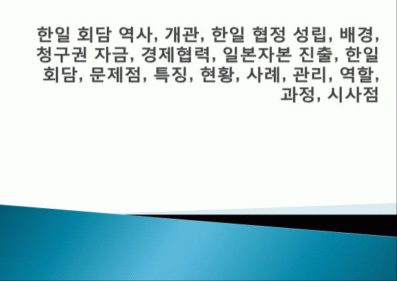 한일 회담 역사, 개관, 한일 협정 성립, 배경, 청구권 자금, 경제협력, 일본자본 진출, 한일 회담, 문제점, 특징, 현황, 사례, 관리, 역할, 과정, 시사점