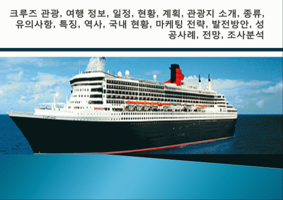 크루즈 관광, 여행 정보, 일정, 현황, 계획, 관광지 소개, 종류, 유의사항, 특징, 역사, 국내 현황, 마케팅 전략, 발전방안, 성공사례, 전망, 조사분석