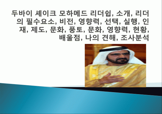 두바이 셰이크 모하메드 리더쉽, 소개, 리더의 필수요소, 비전, 영향력, 선택, 실행, 인재, 제도, 문화, 풍토, 문화, 영향력, 현황, 배울점, 나의 견해, 조사분석