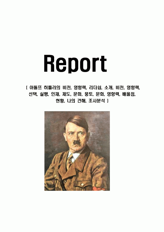 아돌프 히틀러의 비전, 영향력, 리더쉽, 소개, 비전, 영향력, 선택, 실행, 인재, 제도, 문화, 풍토, 문화, 영향력, 배울점, 현황, 나의 견해, 조사분석