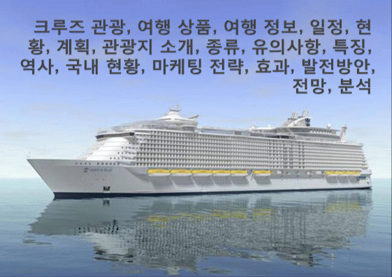 크루즈 관광, 여행 상품, 여행 정보, 일정, 현황, 계획, 관광지 소개, 종류, 유의사항, 특징, 역사, 국내 현황, 마케팅 전략, 효과, 발전방안, 전망, 분석