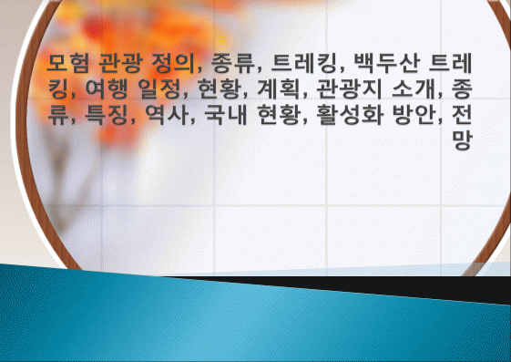 모험 관광 정의, 종류, 트레킹, 백두산 트레킹, 여행 일정, 현황, 계획, 관광지 소개, 종류, 특징, 역사, 국내 현황, 활성화 방안, 전망