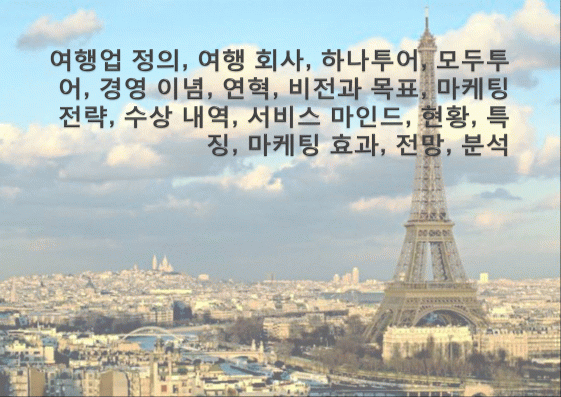 여행업 정의, 여행 회사, 하나투어, 모두투어, 경영 이념, 연혁, 비전과 목표, 마케팅 전략, 수상 내역, 서비스 마인드, 현황, 특징, 마케팅 효과, 전망, 분석