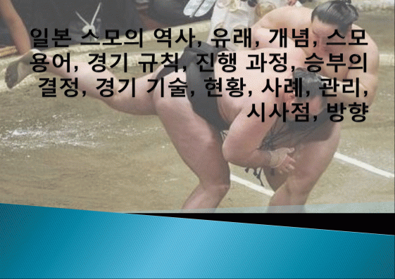 일본 스모의 역사, 유래, 개념, 스모 용어, 경기 규칙, 진행 과정, 승부의 결정, 경기 기술, 현황, 사례, 관리, 시사점, 방향 - 스모 분석