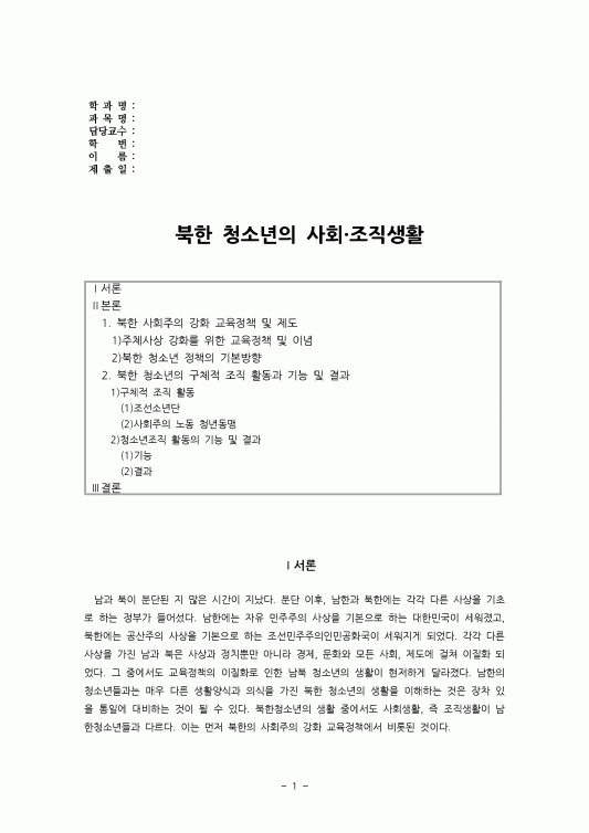 북한청소년연구-수시과제(북한청소년의 생활)