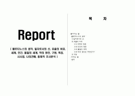 플로티노스의 생각, 일자로서의 신, 유출의 비유, 세계, 인간, 물질의 세계, 악의 원인, 구원, 특징, 시사점, 나의견해, 총체적 조사분석