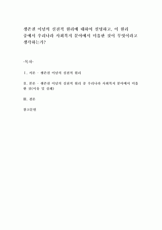 생존권 이념의 실천적 원리에 대하여 설명하고, 이 원리 중에서 우리나라 사회복지 분야에서 미흡한 것이 무엇이라고 생각하는가