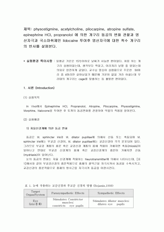 교감, 부교감 약에 따른 개구리 동공 변화 실험