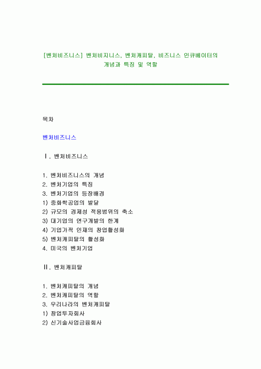 [벤처비즈니스] 벤처비지니스, 벤처캐피탈, 비즈니스 인큐베이터의 개념과 특징 및 역할