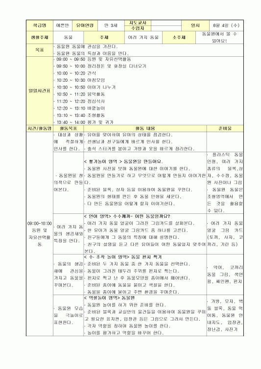 [보육과정] 만 3세) <일간 계획안> 동물 - 여러 가지 동물 : 동물원에서 볼 수 있어요!