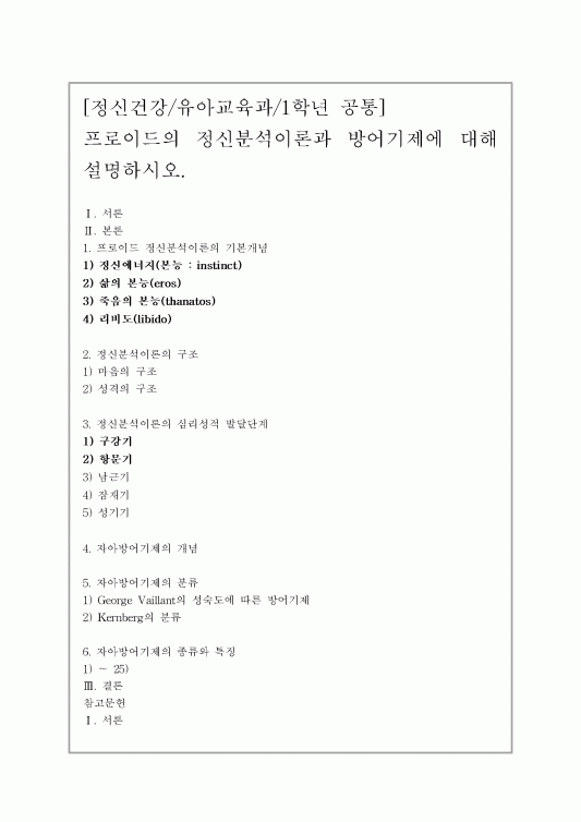 [정신건강/ 유아교육과/1학년공통]프로이드의 정신분석이론과 방어기제에 대해 설명하시오