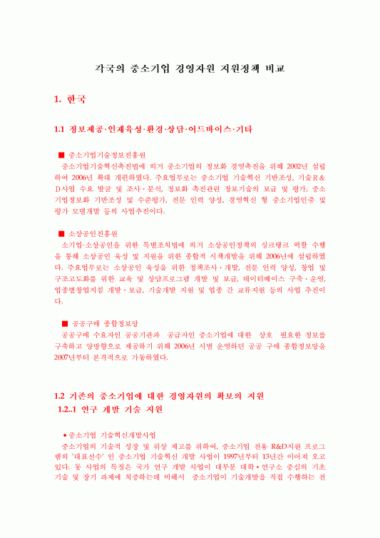 [사회과학] 각국의 중소기업 경영자원 지원정책 비교
