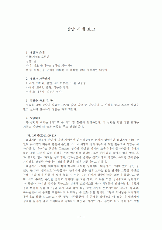 상담 사례 보고 - 만21세(대학교 1학년 재학 중), 모태신앙. 군대를 제대한 후 복학한 상태. 능동적인 내담자.