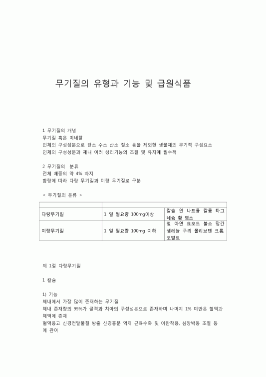 무기질의 유형과 기능 및 급원식품