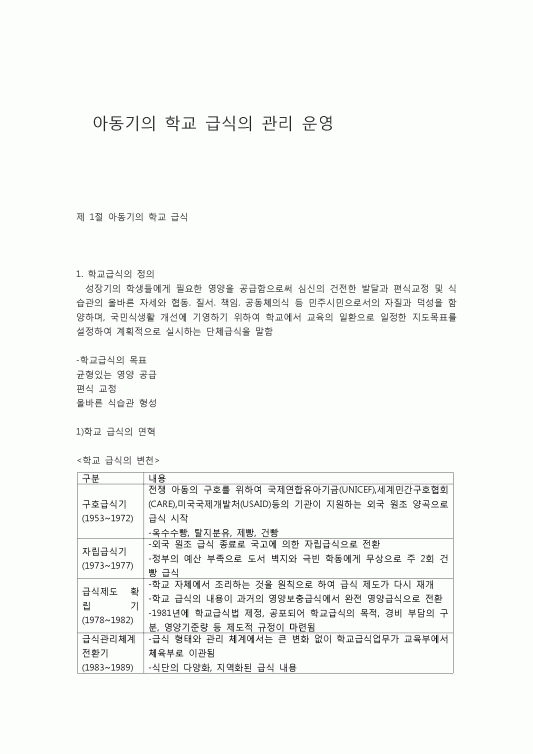 아동기의 학교 급식의 관리 운영