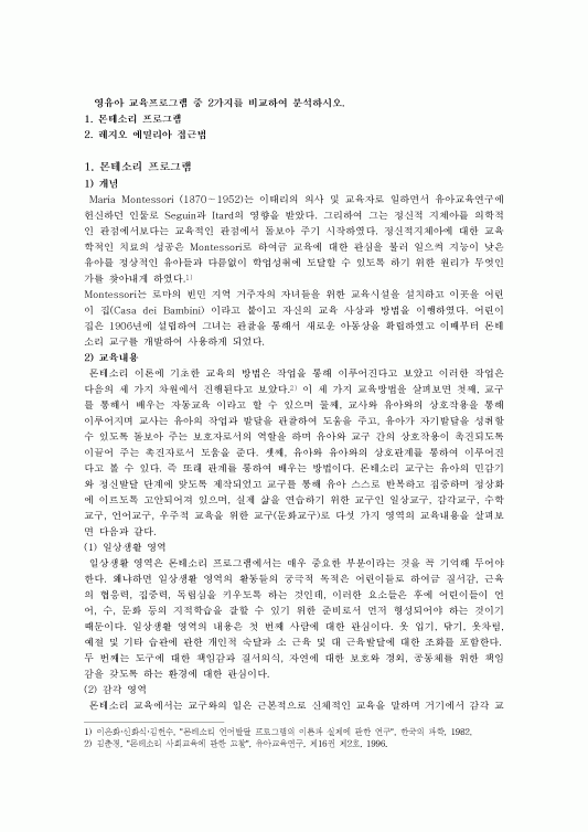 영유아 교육프로그램 중 2가지를 비교하여 분석하시오