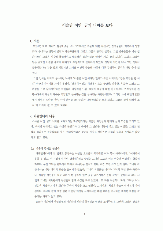 [다큐멘터리 감상문]  ≪아랍(이슬람) 여인, 금기 너머를 보다≫