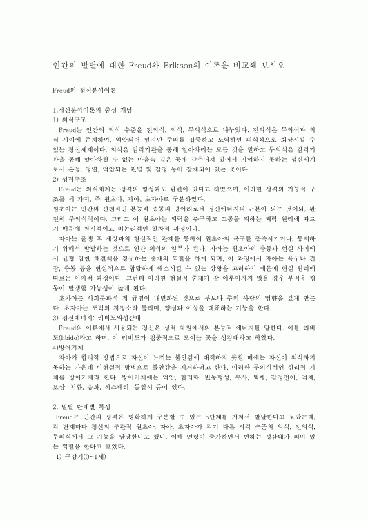 인간의 발달에 대한 프로이드(Freud)와 에릭슨(Erikson)의 이론을 비교해 보시오