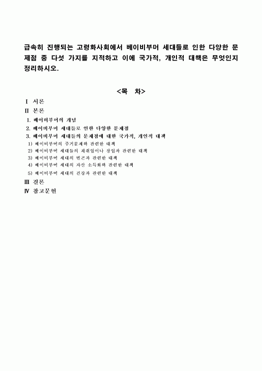 급속히 진행되는 고령화사회에서 베이비부머 세대들로 인한 다양한 문제점 중 다섯가지를 지적하고 이에 국가적, 개인적 대책은 무엇인지 정리