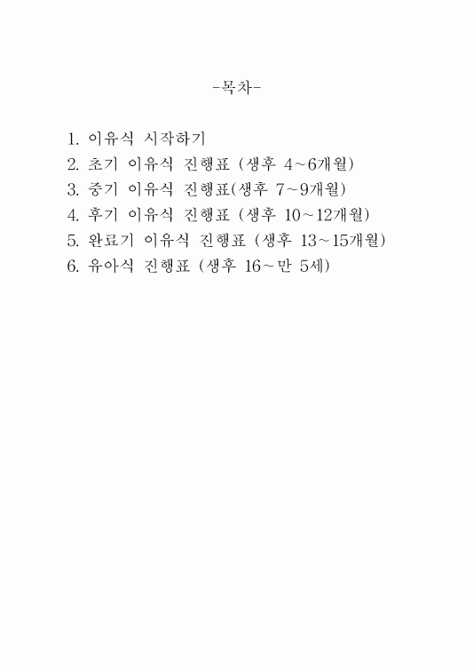 만 0세아 영아 중 이유식을 먹는 월령의 영아에게 계획, 제공되는 이유식 식단표를 이유초기(5~6개월), 이유 중기(7~8개월), 이유 후기(9~11개월) 3단계로 구분하여 푤 작성하기
