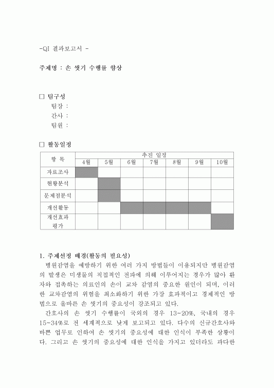 QI 결과 보고서 : 손씻기 수행률 향상 - 간호사의 손씻기 수행도를 향상시켜 병원감염을 예방한다.