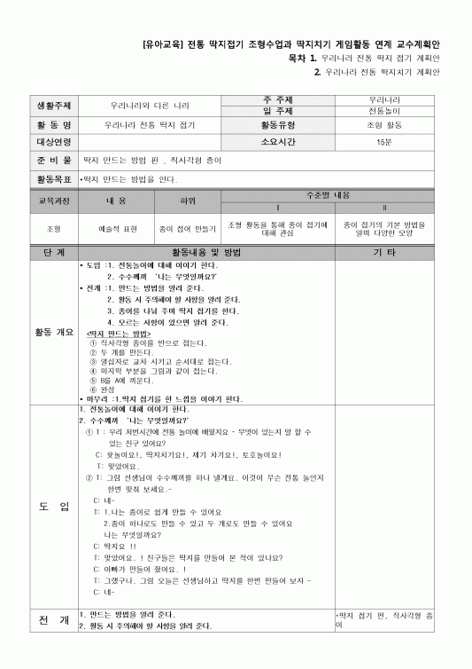 [유아교육] 전통 딱지접기 조형수업과 딱지치기 게임활동 연계 교수계획안