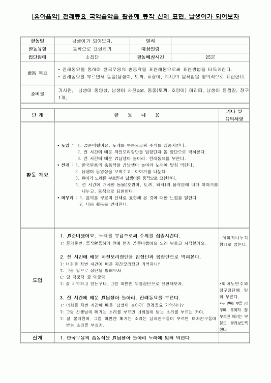 [유아음악] 전래동요 국악음악을 활용해 동작 신체 표현, 남생이가 되어보자