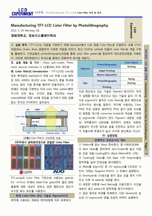 < Display 공학> TFT-LCD 실험, Color Filter의 제조 및 투과도 측정의 심층적분석