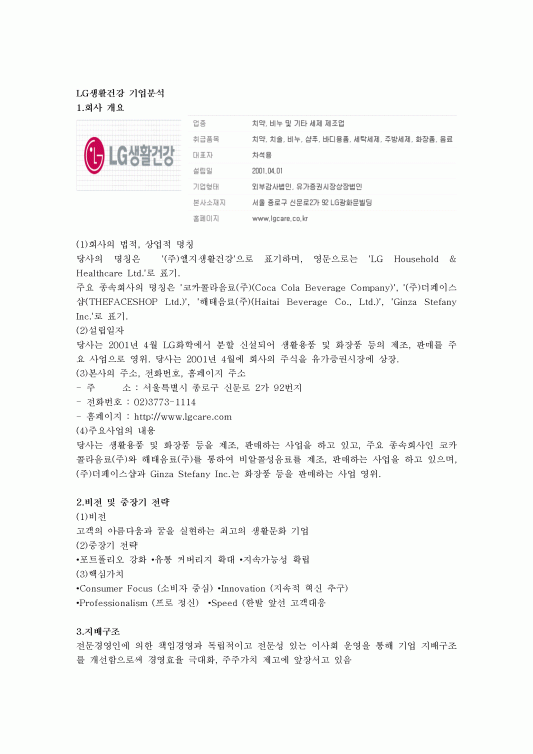 LG생활건강 기업의 인사제도 외부환경분석 재무정보 및 재무분석, 경영실적 및 성과, 경영전략, 마케팅 전략 등 전반적으로 자세하고 체계적으로 분석