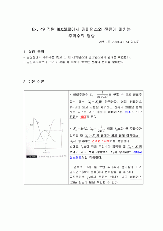 49_직렬 RLC회로에서 임피던스와 전류에 미치는 주파수의 영향