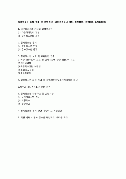 탈북청소년 문제, 현황 및 보호 기관 (무지개청소년 센터, 여명학교, 셋넷학교, 우리들학교)