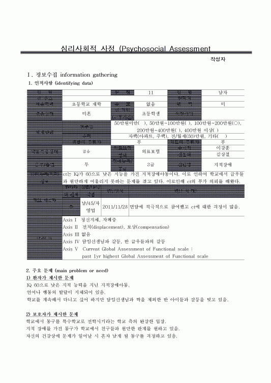 [정신보건과제] 심리사회적 사정 (Psychosocial Assessment)