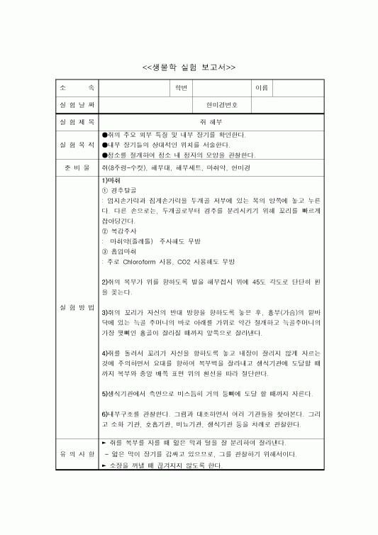 생물학 실험 보고 - 쥐 해부 실험