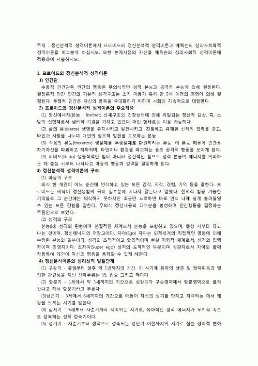 정신분석적 성격이론에서 프로이드의 정신분석적 성격이론과 에릭슨의 심리사회학적 성격이론을 비교분석 하십시오.그리고 나의 성격을 에릭슨 이론에 대입하여 작성하시오.