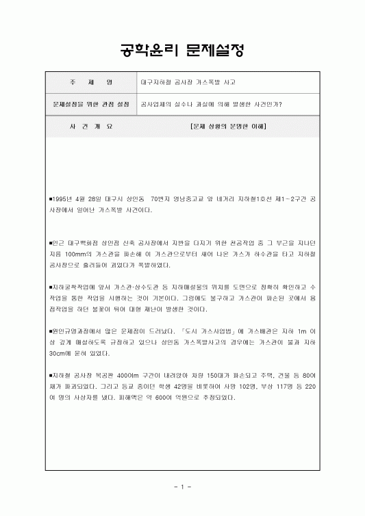 [공학윤리] 대구지하철 공사장 가스폭발 사고 - 문제설정을 위한 관점 설정 : 공사업체의 실수나 과실에 의해 발생한 사건인가?