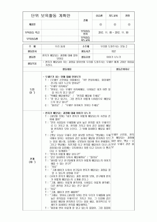 <수업 계획안, 보육활동 계획안> 우리동네 - 우리를 도와주시는 분들 2 : 편지가 배달되는 과정, 우체국 만들기, 우체국 놀이, 우체부 옷 입고 악기 연주하며 노래부르기