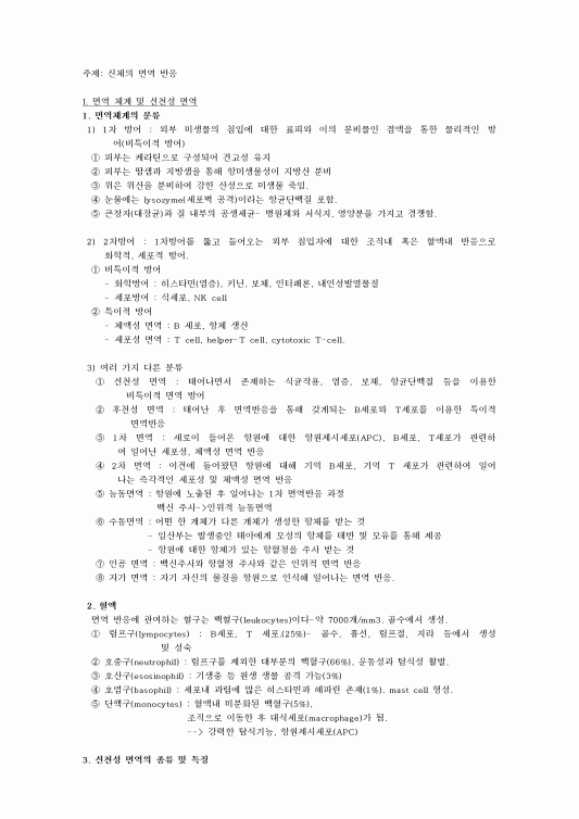 [면역학] 면역체계, 신체의 면역 반응