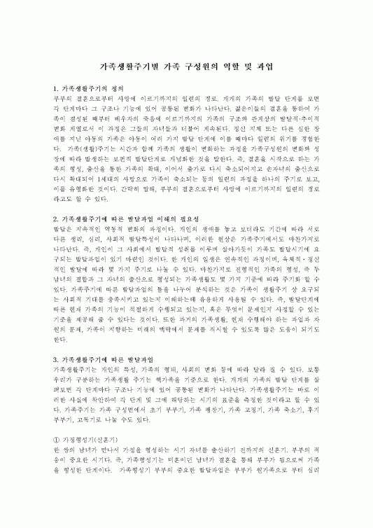 가족생활주기별 가족 구성원의 역할 및 과업