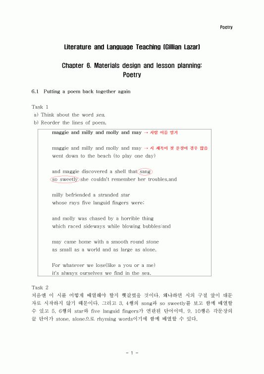 [영어문법/요약정리] 원서 `Literature and Language Teaching`의 Chapter 6. Materials design and lesson planning: Poetry