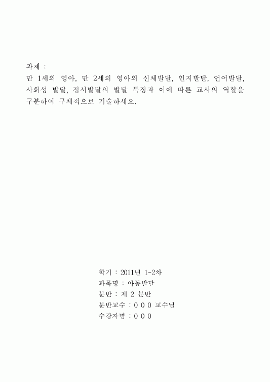 만 1세의 영아, 만 2세의 영아의 신체발달, 인지발달, 언어발달, 사회성 발달, 정서발달의 발달 특징과 이에 따른 교사의 역할
