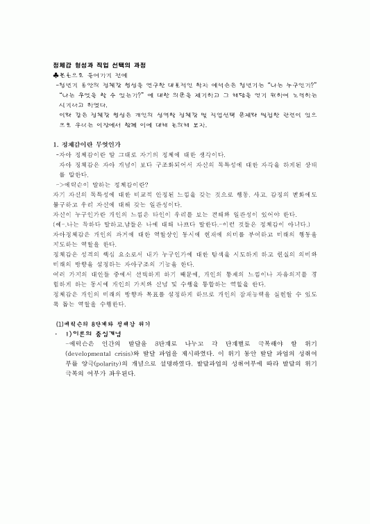 정체감 형성과 직업 선택의 과정
