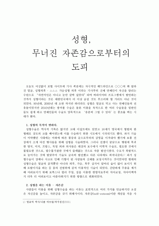 성형에 대한 심리학적 고찰 - 성형, 무너진 자존감으로부터의 도피