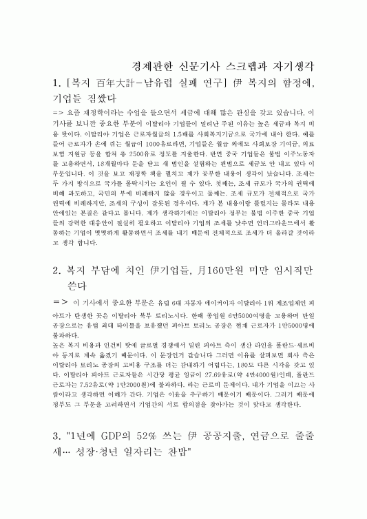 [경제학] 경제관한 신문기사 스크랩과 자기생각