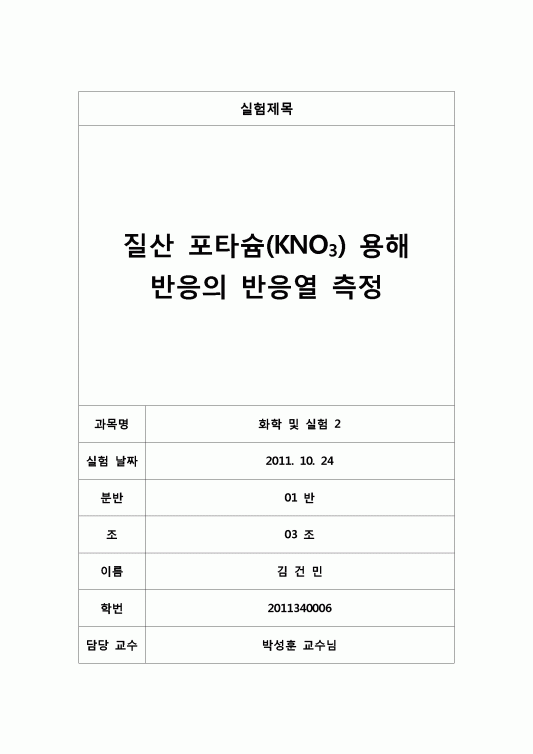 질산 포타슘 용해 반응의 반응열 측정