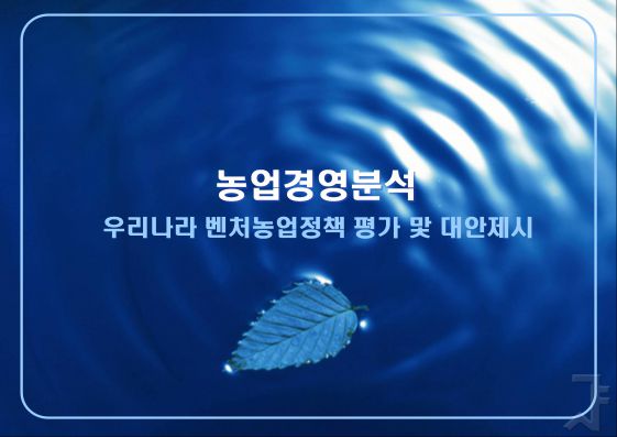 [농업경영분석] 우리나라 벤처농업정책 평가 맟 대안제시 (벤처농업, 우리나라의 벤처농업 정책, 현재 정책의 문제점, 정책대안).PPT자료