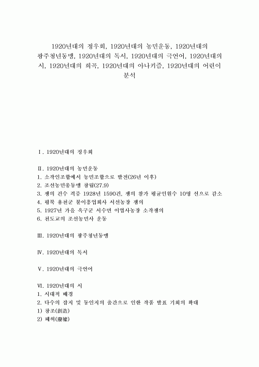 [1920년대]1920년대의 정우회, 1920년대의 농민운동, 1920년대의 광주청년동맹, 1920년대의 독서, 1920년대의 극언어, 1920년대의 시, 1920년대의 희곡, 1920년대의 아나키즘, 1920년대의 어린이(1920년대)