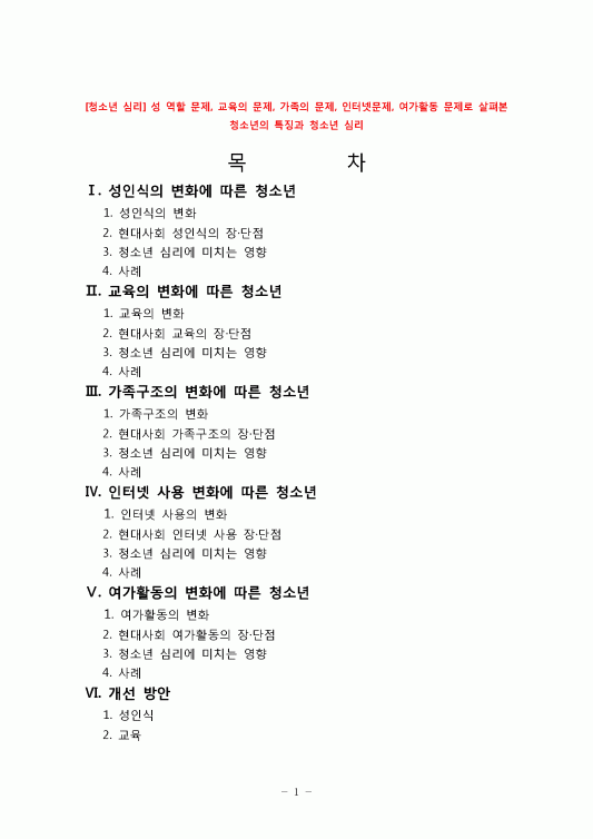 [사회과학] [우수레포트][청소년 심리] 성 역할 문제, 교육의 문제, 가족의 문제, 인터넷문제, 여가활동 문제로 살펴본 청소년의 특징과 청소년 심리