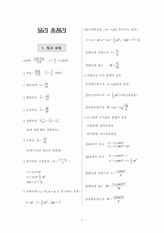 물리공식총집합(이것만으로 물리1,물리2 일반물리학 기초 가능)